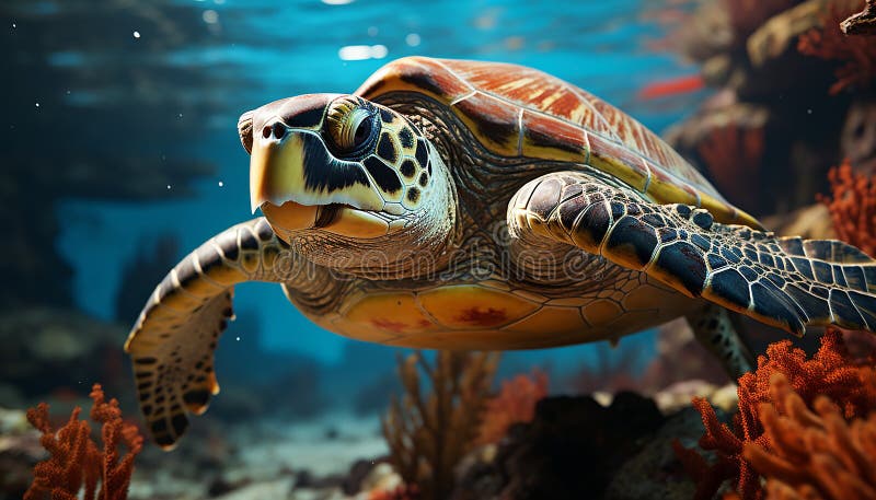 Underwater, a Multi Colored Sea Turtle Swims in the Reef Generated by ...