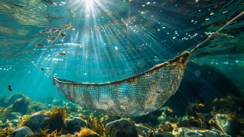 Underwater Net Capturing Fish Surrounded by Sunlight and Aquatic Plants ...