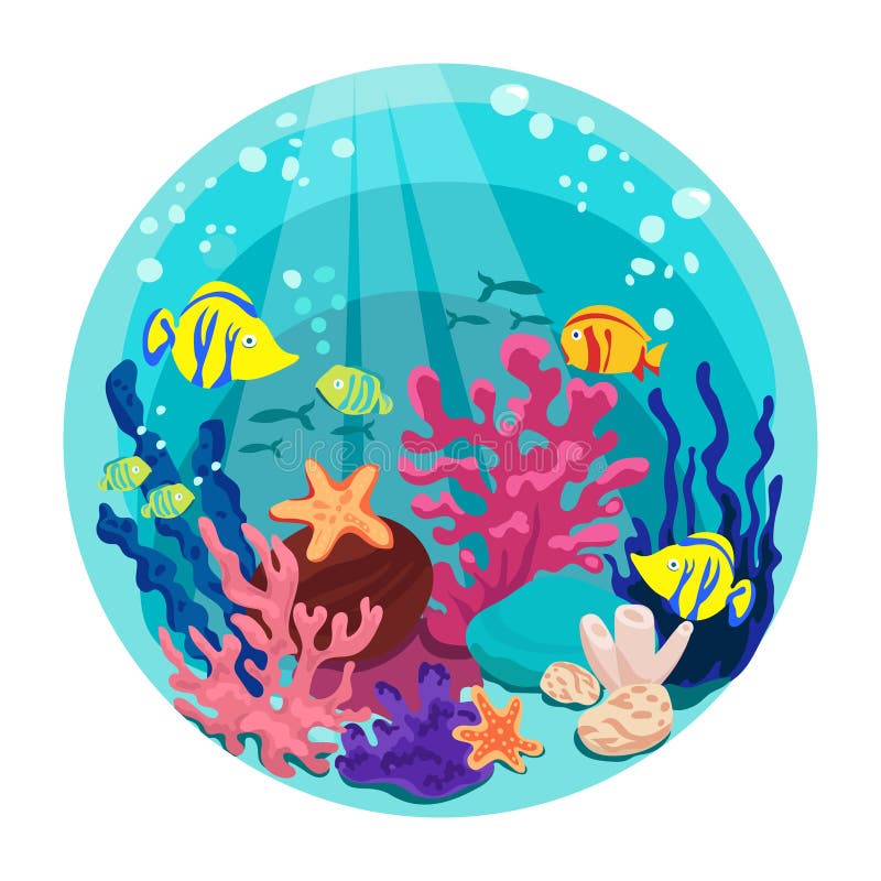 Sea Life Round Frame with Fish, Jellyfish and Coral Stock Vector ...