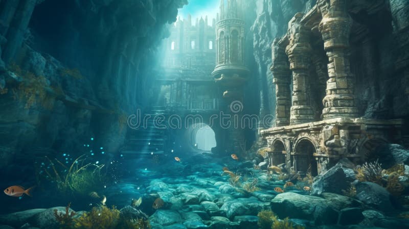 Underwater Ocean Scene with Castle. Ruins of the Atlantic. Generative ...