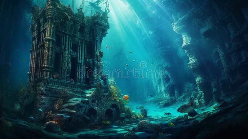 Underwater Ocean Scene with Castle. Ruins of the Atlantic. Generative ...