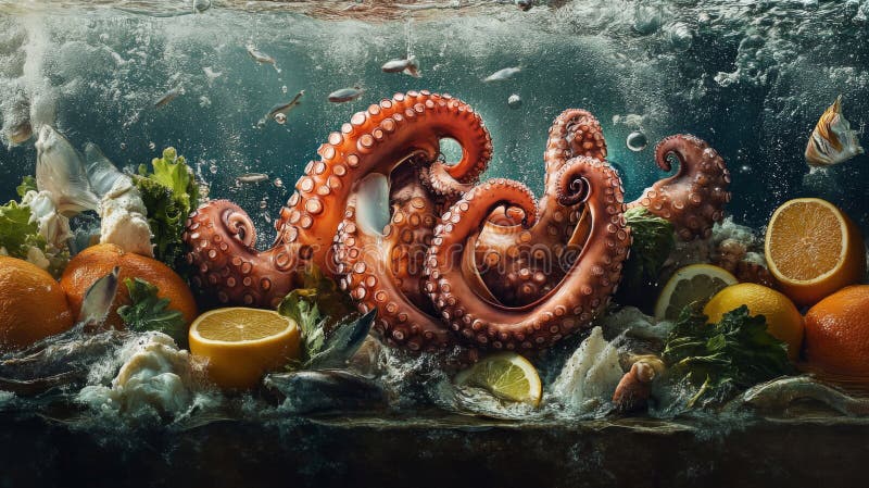 Underwater Octopus with Citrus Fruits and Shells Stock Illustration ...