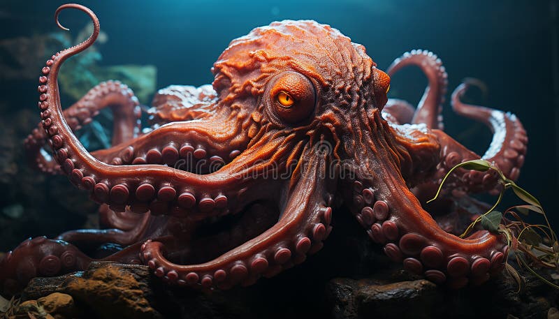 Underwater Octopus Swimming in the Sea, Surrounded by Colorful Fish ...