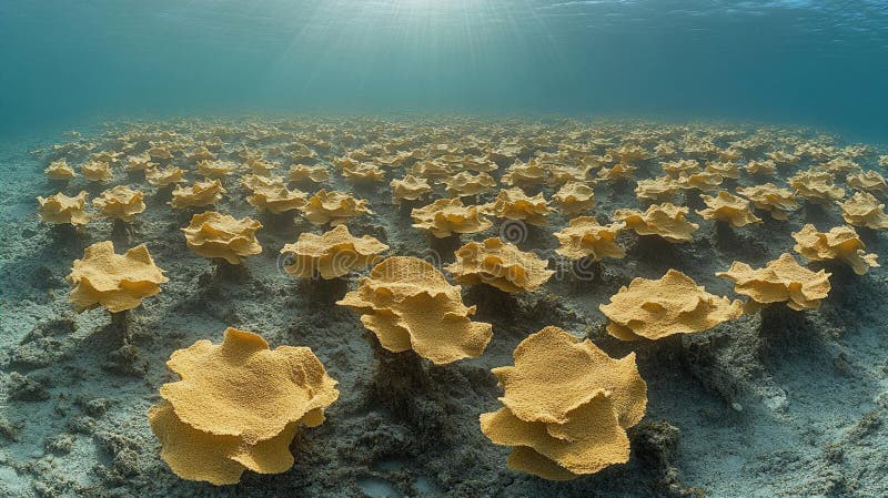 Underwater Pale Yellow Coral Reef in Sunlit Ocean Stock Image - Image ...