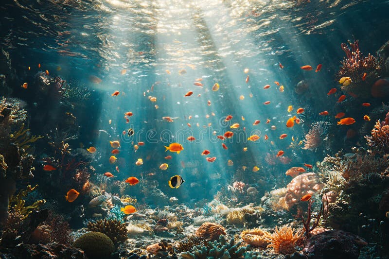 An Underwater Panorama of Fish and Shellfish Gliding through a Coral ...