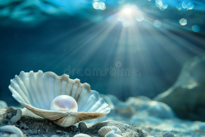 Underwater Pearl in Shell with Sunlight Rays in Ocean Stock Image ...
