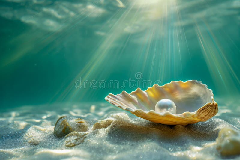 Underwater Pearl in Shell with Sunlight Rays in Ocean Stock Image ...