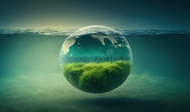 An Underwater Photo of a Grass Island in the Water with a World Map in ...