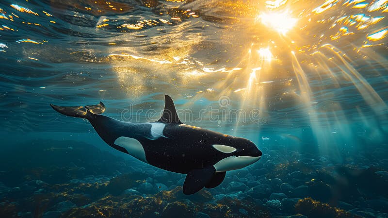 Underwater Photography of an Orca in the Ocean with Sun Rays Shining ...