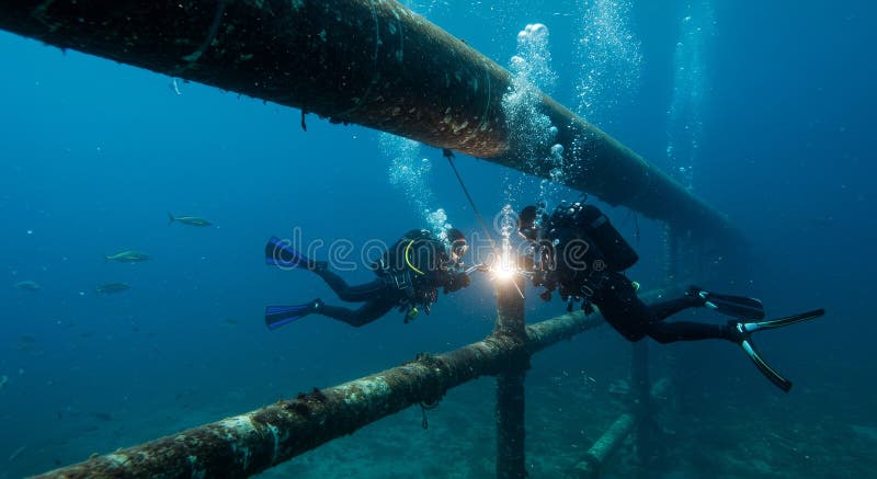 Underwater Pipeline Inspection Two Divers Meticulously Inspect an ...