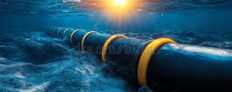 Underwater Pipeline with Yellow Rings, Illuminated by Sunlight, Depth ...