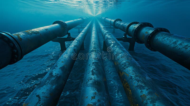 Underwater Pipelines Extending into Distance, 3D Rendering. Industrial ...