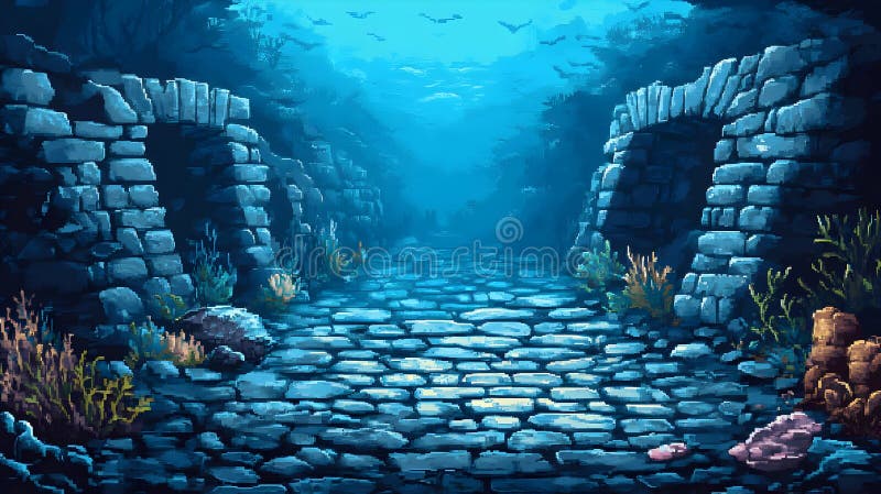 Underwater Pixel Art Scene of Stone Pathway with Arches in Shaded Blue ...