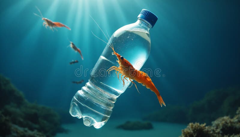Underwater Pollution Concept with Shrimp on Floating Plastic Bottle ...