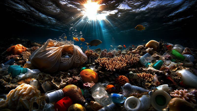 Underwater Pollution and Coral Reef Destruction Stock Illustration ...