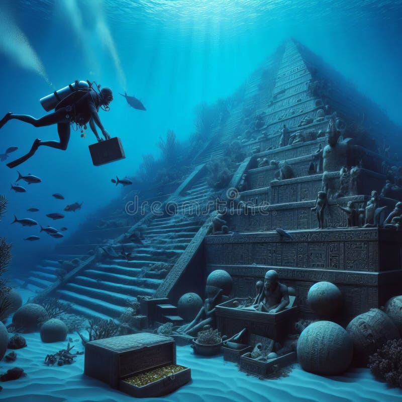 Underwater Pyramid a Diver Exploring an Ancient Underwater Pyram Stock ...