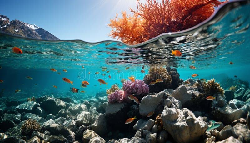 Underwater Reef, Fish Below, Deep Blue Sea Generated by AI Stock Photo ...