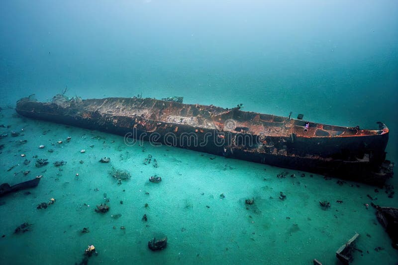 Underwater Remains of Sunken Ship after Shipwreck Beneath. Stock ...