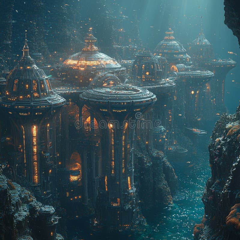 An Underwater Research Base with Divers Exploring a Coral Reef. Stock ...