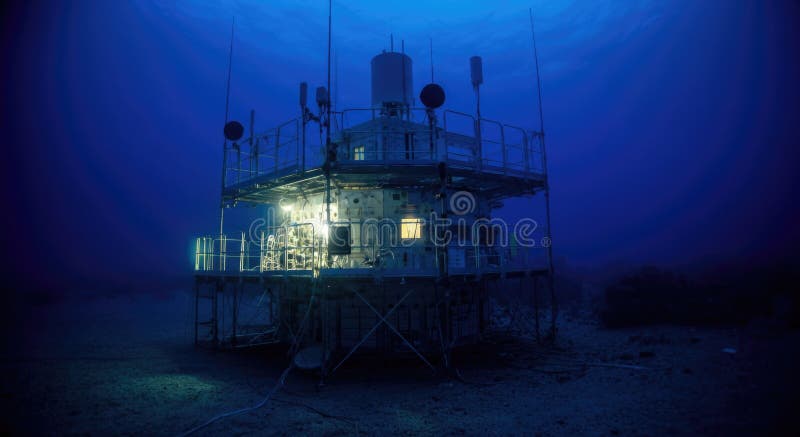 Underwater Research Station Illuminated in Deep Blue Ocean at Night ...