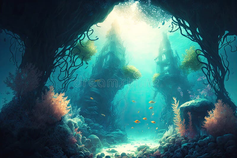 Underwater River or Seascape with Tree Roots, Tropical Fish, and Algae ...