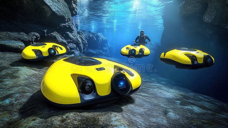 Underwater Robot Fleet Exploring Cave Stock Photo - Image of cave ...