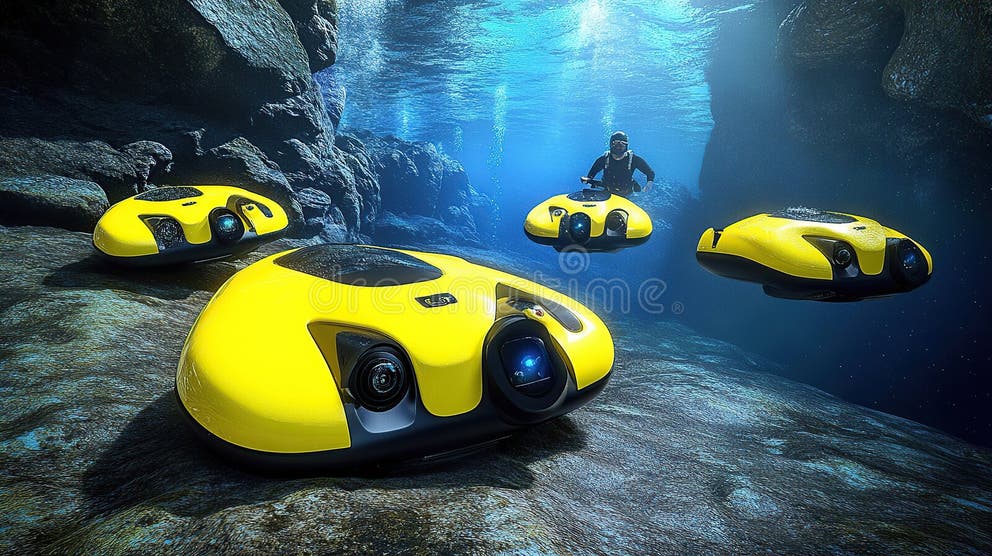 Underwater Robot Fleet Exploring Cave Stock Photo - Image of cave ...