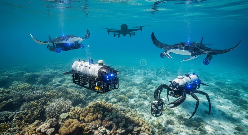 Underwater Robotics Exploration Featuring a Team of Advanced Marine Drones, Including Manta Rays ...