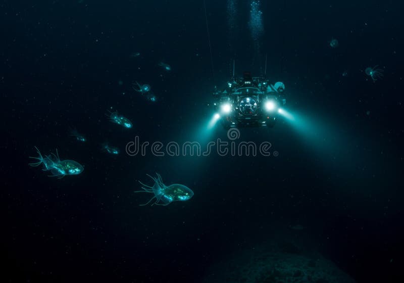 Underwater ROV Exploring Deep Ocean with Bioluminescent Creatures Stock Illustration ...