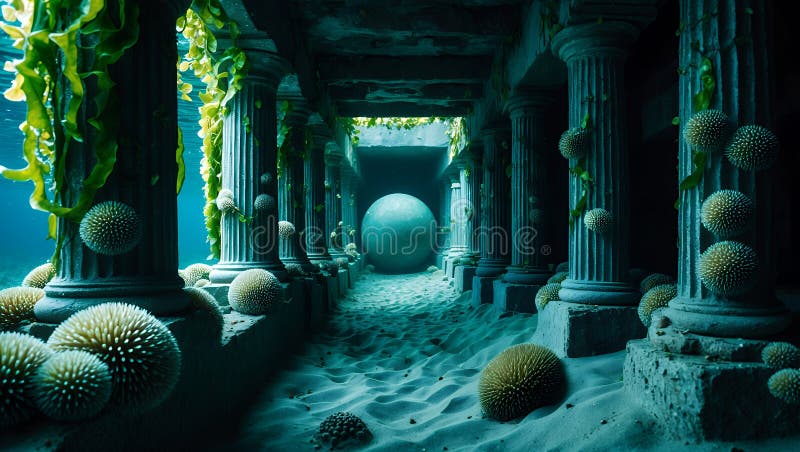 Submerged Temple: Mysterious Underwater Ruins with Giant Orb Stock ...
