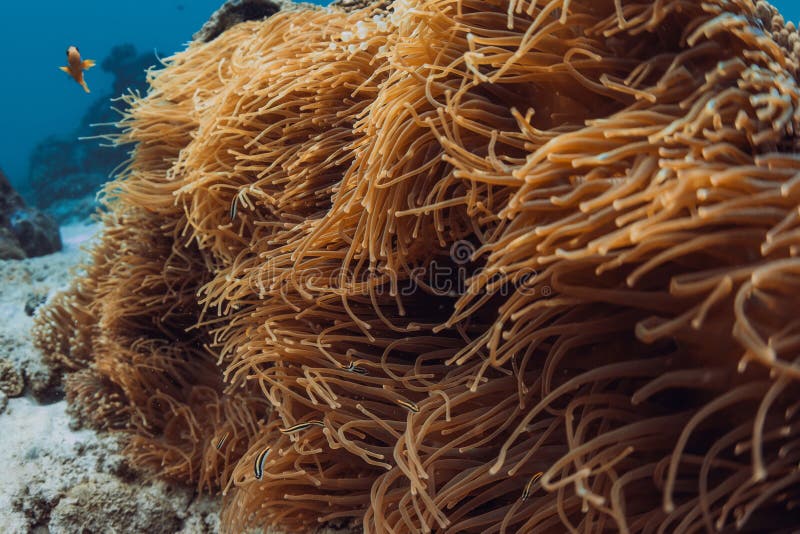 Underwater Scene with Actinia on Coral Reef and Groups of Small Fish ...