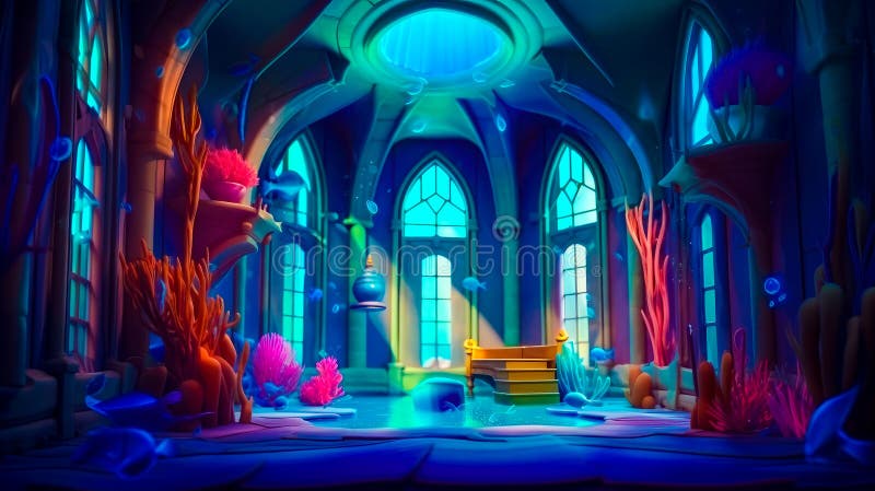 Underwater Scene with Bench in the Middle of Room with Windows ...
