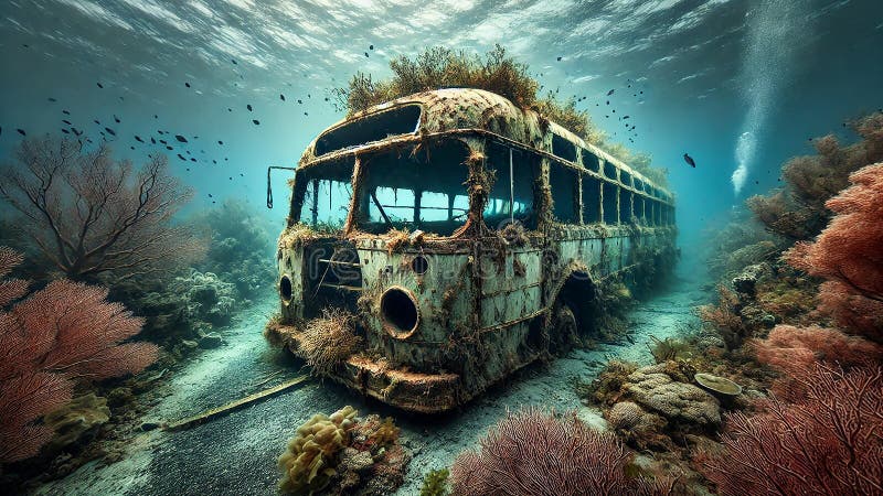 Underwater Scene of a Broken Bus Lying Abandoned in the Middle of an ...