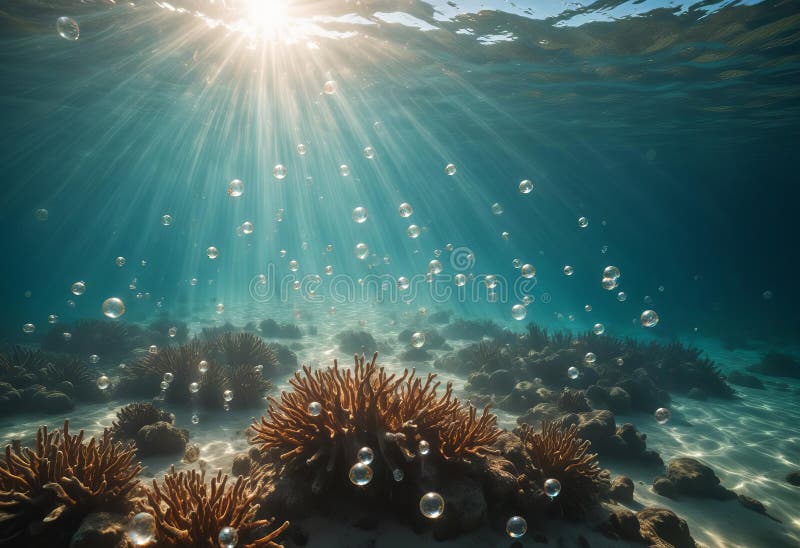 Underwater Scene with Bubbles and Light Rays in a Blue, Watery ...
