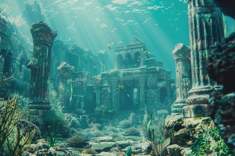 Underwater Scene of a Building Surrounded by Rocks, Plants, and Marine ...