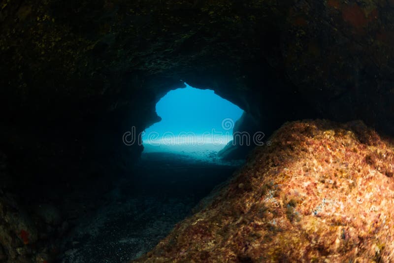 Underwater Scene with Cave in Ocean on the Deep Stock Image - Image of ...