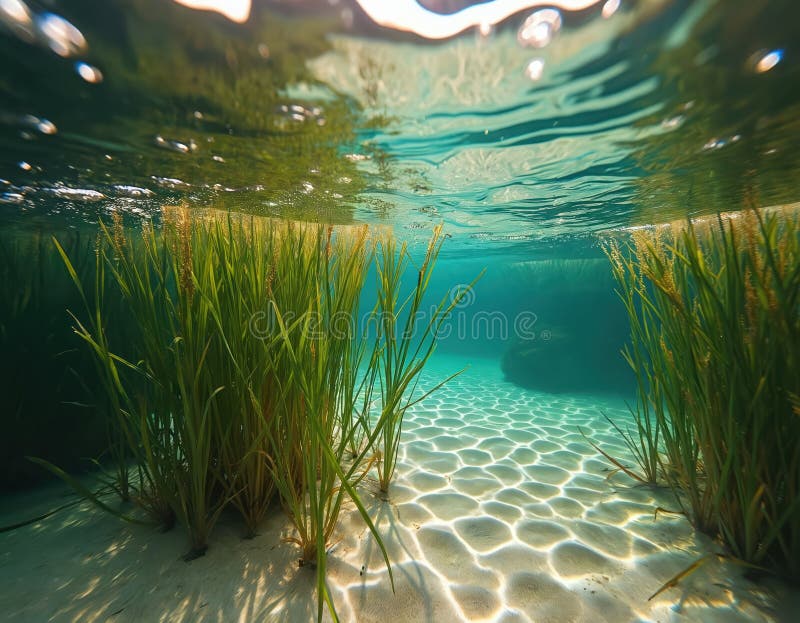 Underwater Scene, Clear River, Aquatic Plants, Sunlight on Surface ...