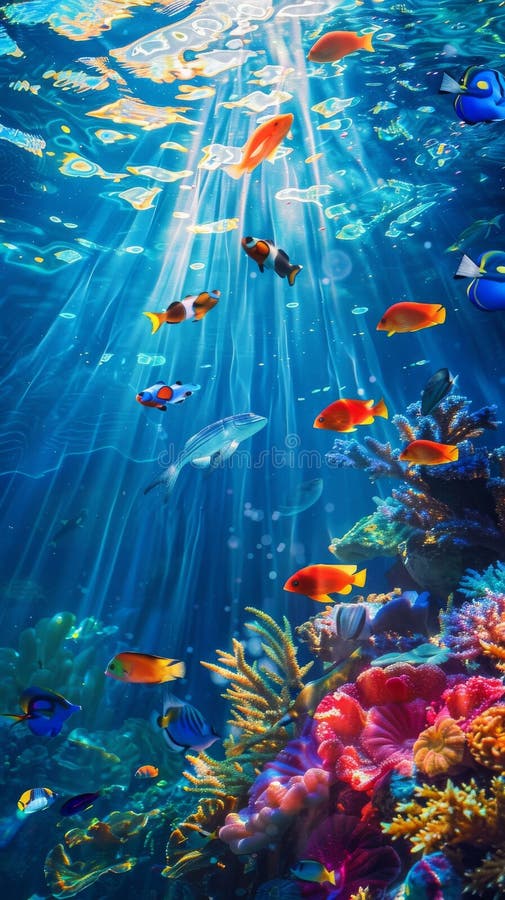 Underwater Scene with Colorful Tropical Fish and Coral Reef Stock Photo ...
