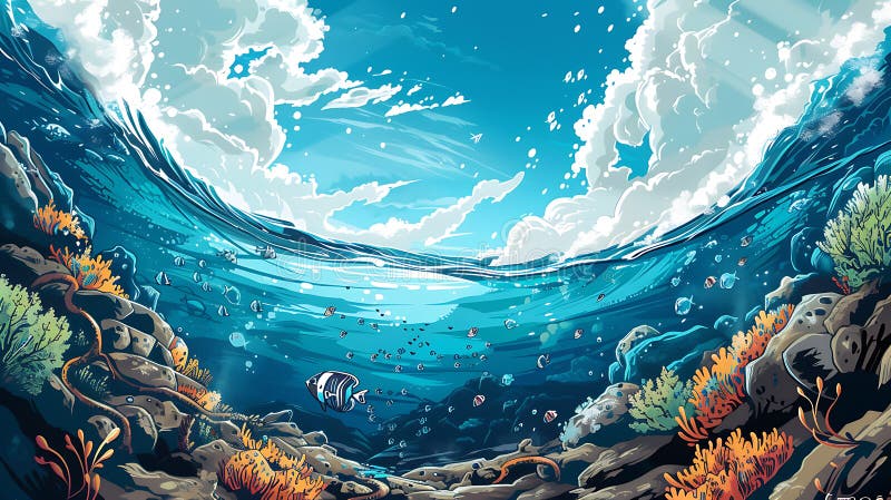 Underwater Scene with Coral Reef and Sea Wave. Vector Illustration ...
