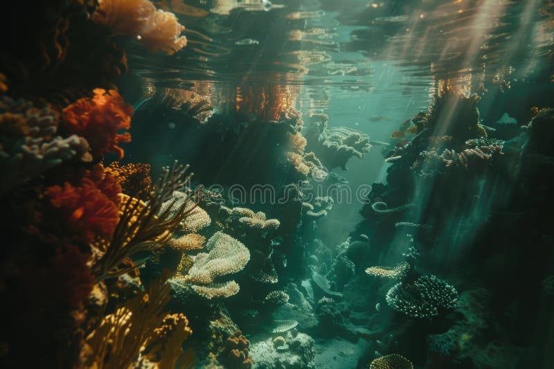 Underwater Scene of a Coral Reef with Sunlight Streaming in Stock Photo ...