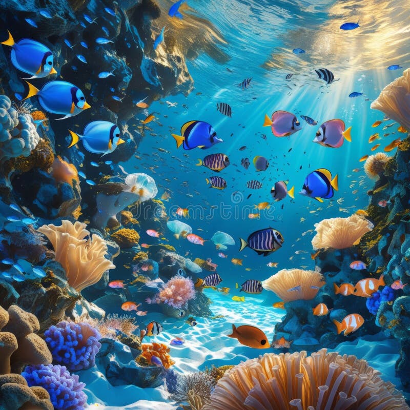 Underwater Scene with Coral Reef and Tropical Fish. 3d Render Stock ...
