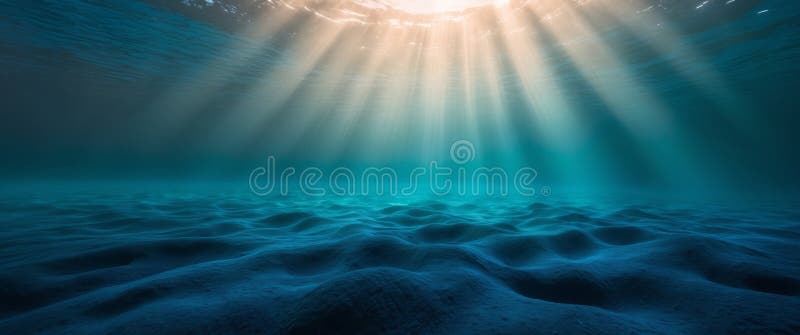 Underwater Scene Dark Blue Ocean Sunlight Rays Deep Sea Floor. Stock ...
