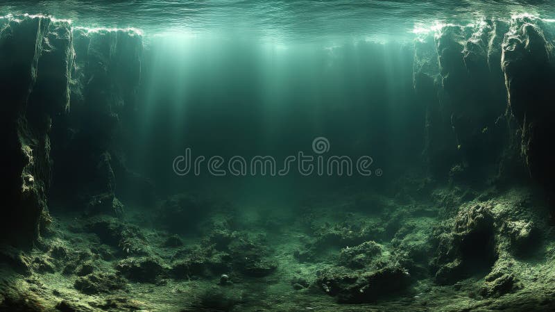 Underwater Scene Dark Green Ocean Floor Sunlight Rays Stock Photos ...