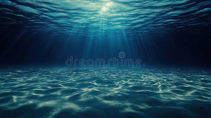 Underwater Scene, Deep Blue Ocean with Sunlight Rays and Sandy Seabed ...