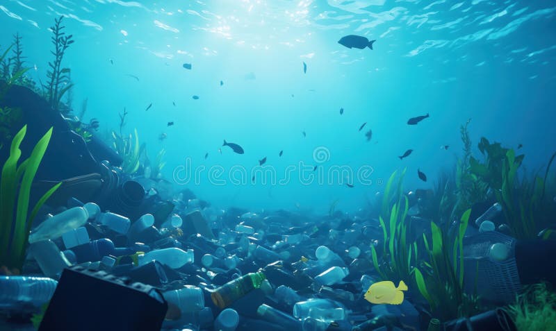 Underwater Scene Depicting Plastic Pollution Marine Life Ocean ...
