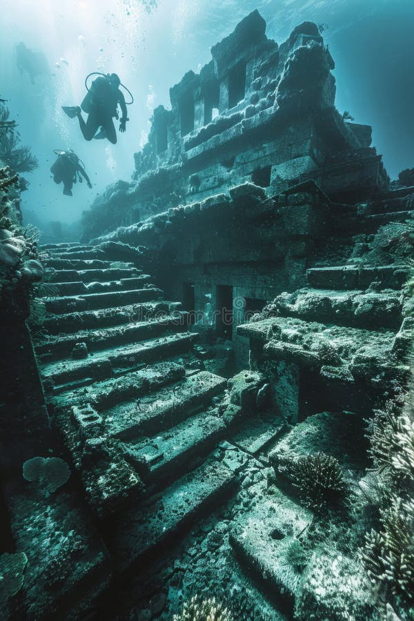 Underwater Scene of Divers Exploring an Ancient Sunken Temple with ...