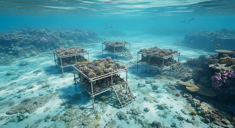 Underwater Scene Featuring Coral Restoration Structures Made of Metal ...
