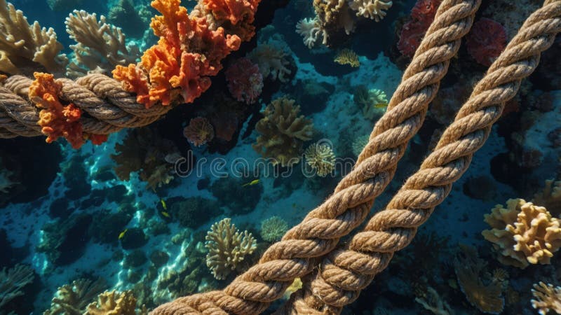 Underwater Scene: Thick Ropes Resting on Vibrant Coral Reef Stock ...