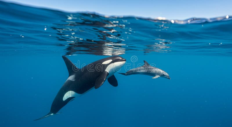 An Underwater Scene Featuring an Orca and a Dolphin Swimming in Clear ...