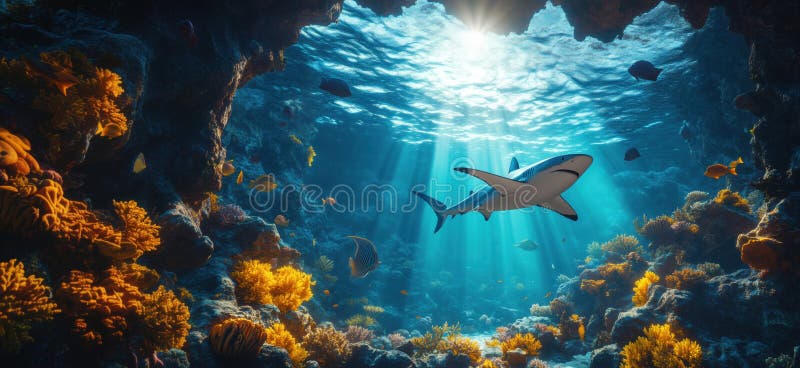 Underwater Scene Featuring Shark Swimming through Vibrant Coral Reef ...